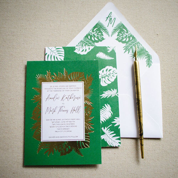 Striking Palm Leaf Goil Foil Printed Wedding Invitations - GB Design House